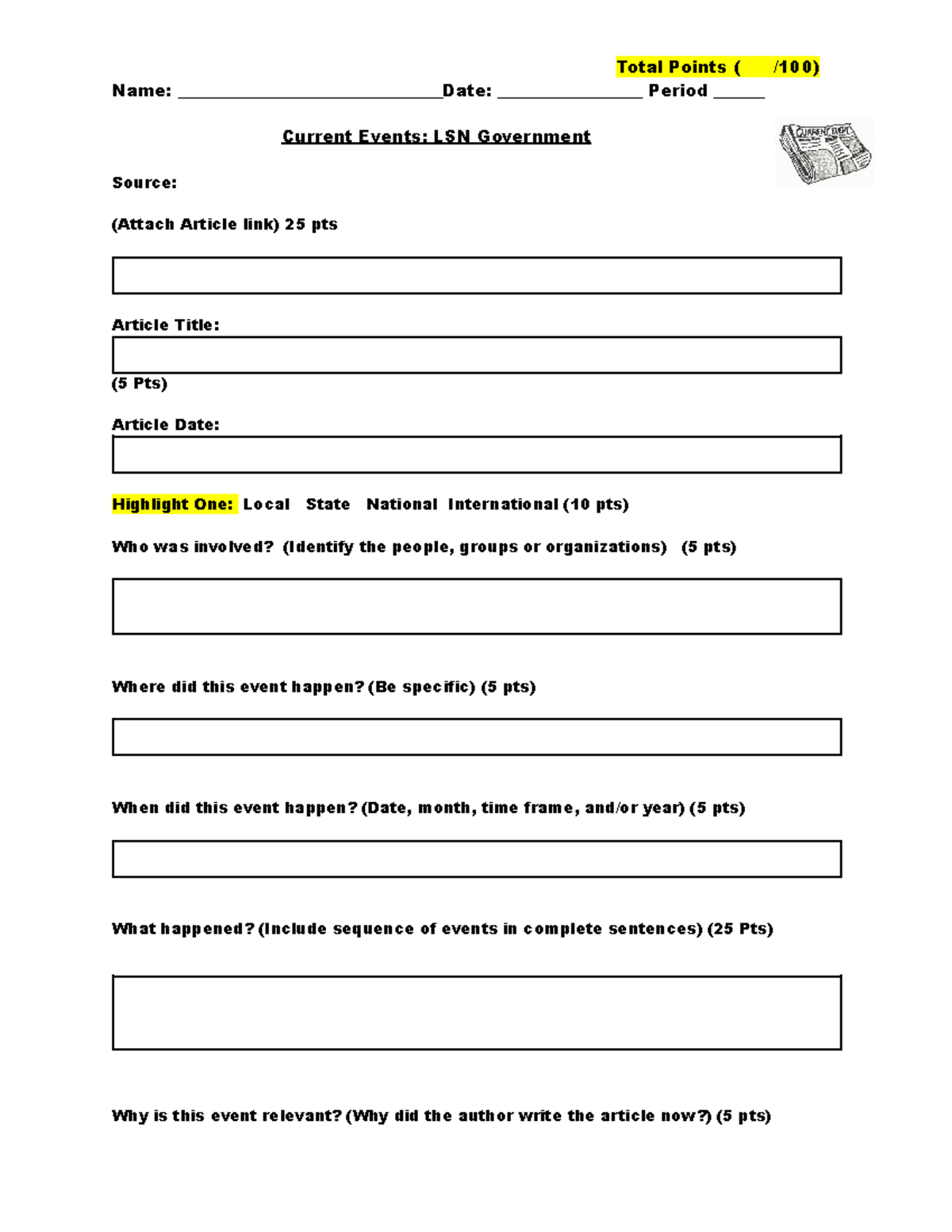 - Orginal LSN Government- Current Events - Total Points ( /100) Name ...