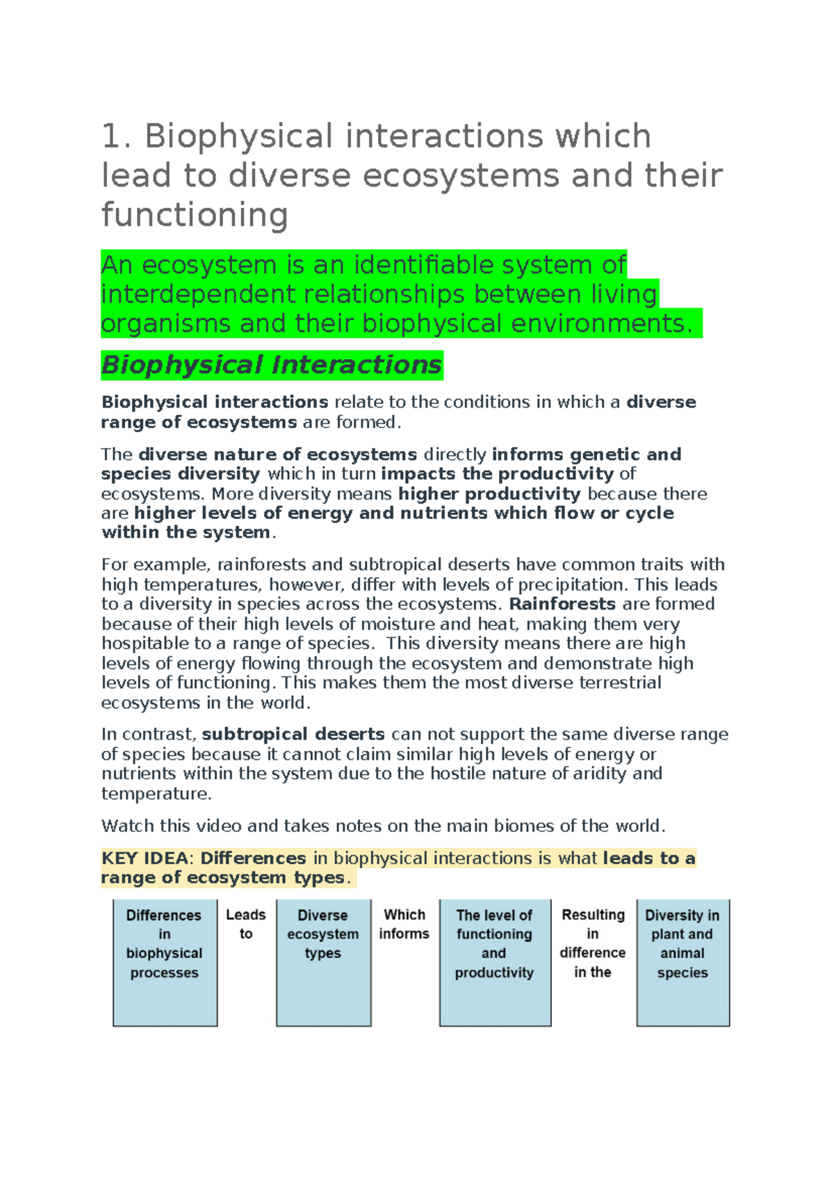 Ecosystems at risk notes - 1. Biophysical interactions which lead to ...