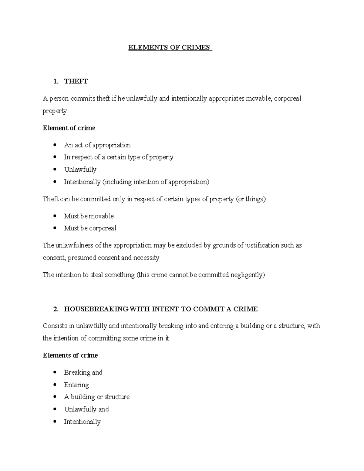 Elements OF Crimes (offences) - ELEMENTS OF CRIMES 1. THEFT A person ...