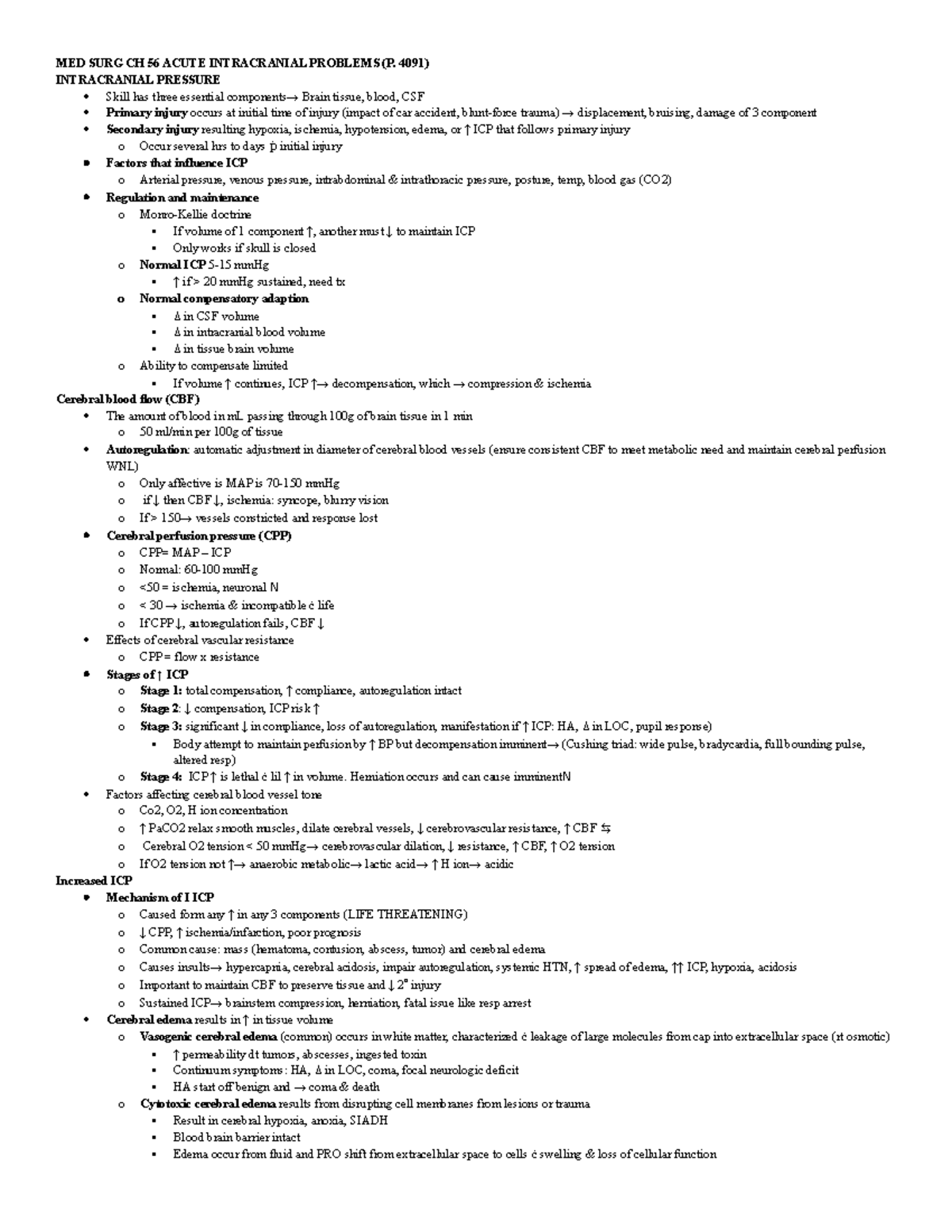 N480 ch 56 notes - increased ICP, cerebral edema, cerebral blood flow ...