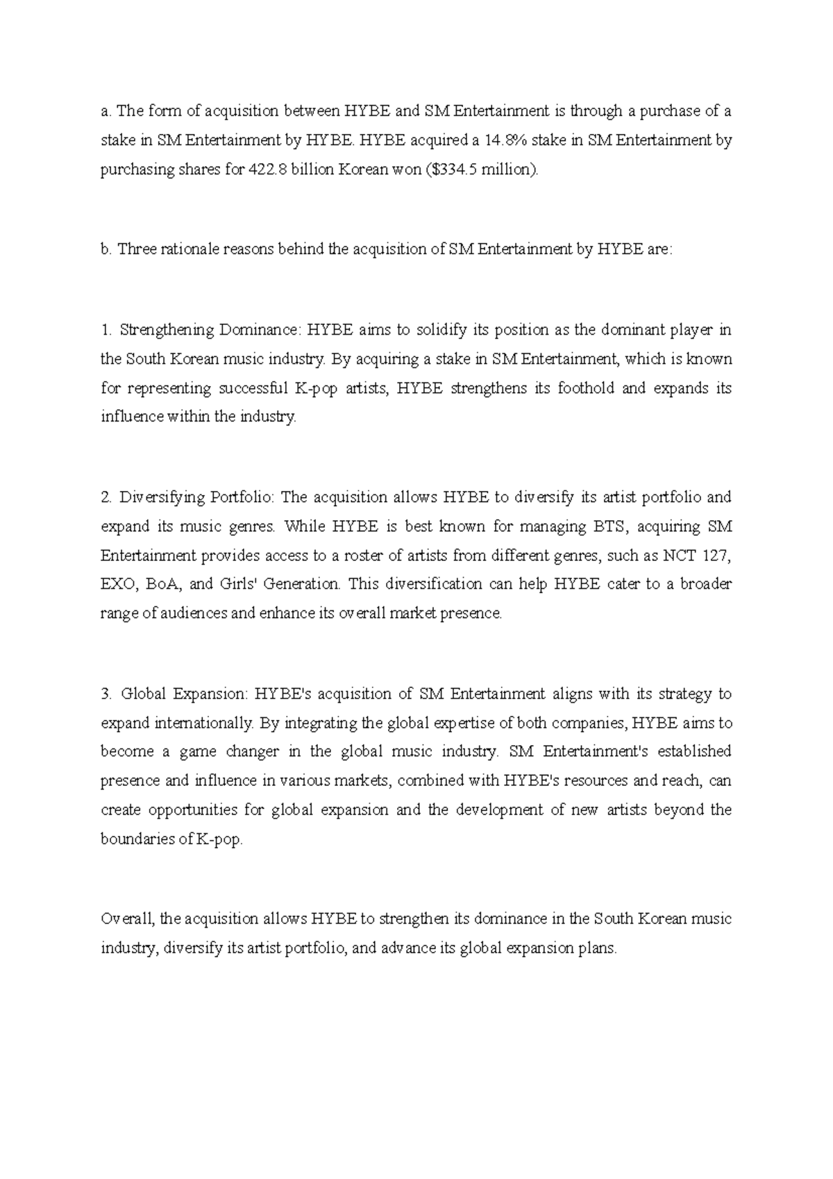 Group project maf - a. The form of acquisition between HYBE and SM ...
