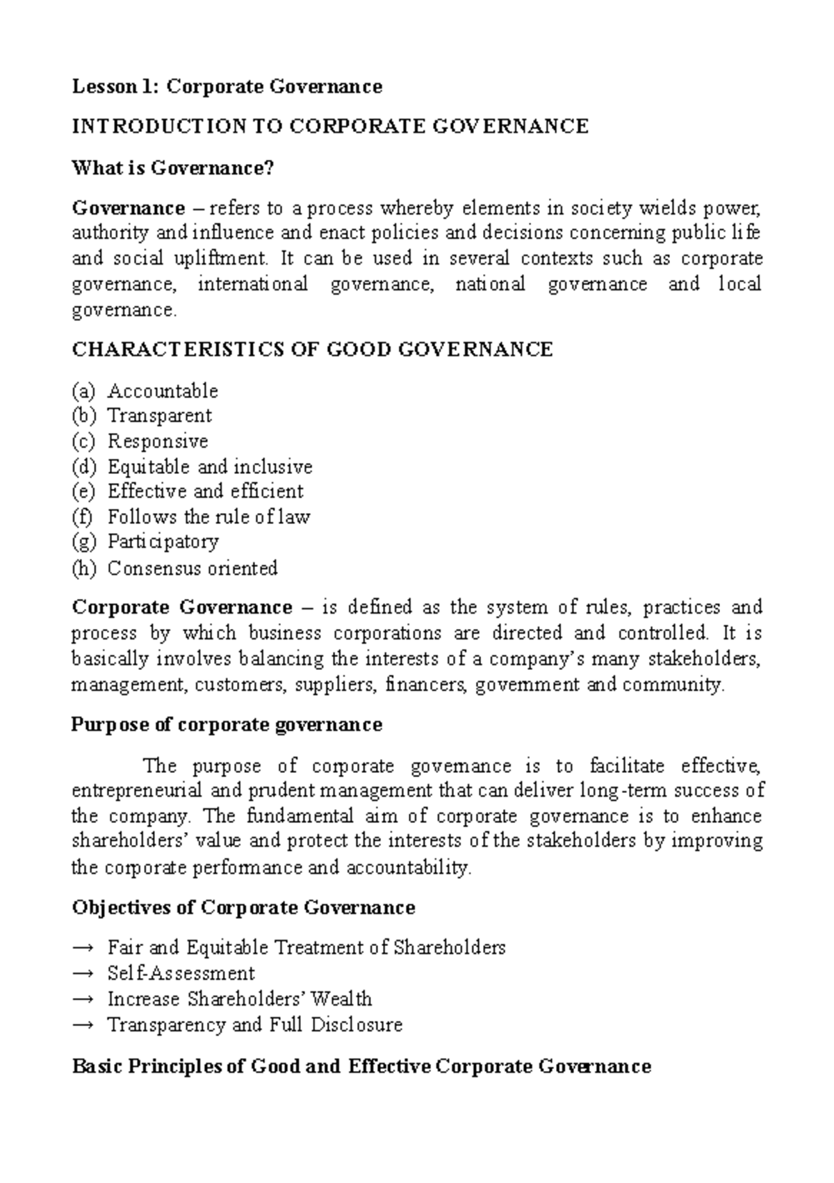 AE10 - Governance - Lesson 1: Corporate Governance INTRODUCTION TO ...