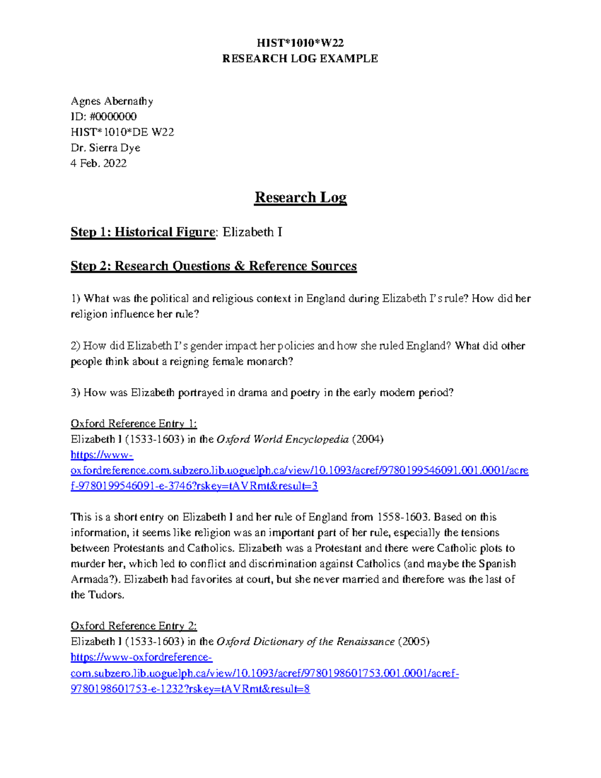 Research LOG - Elizabeth I - HIST1010W RESEARCH LOG EXAMPLE Agnes ...
