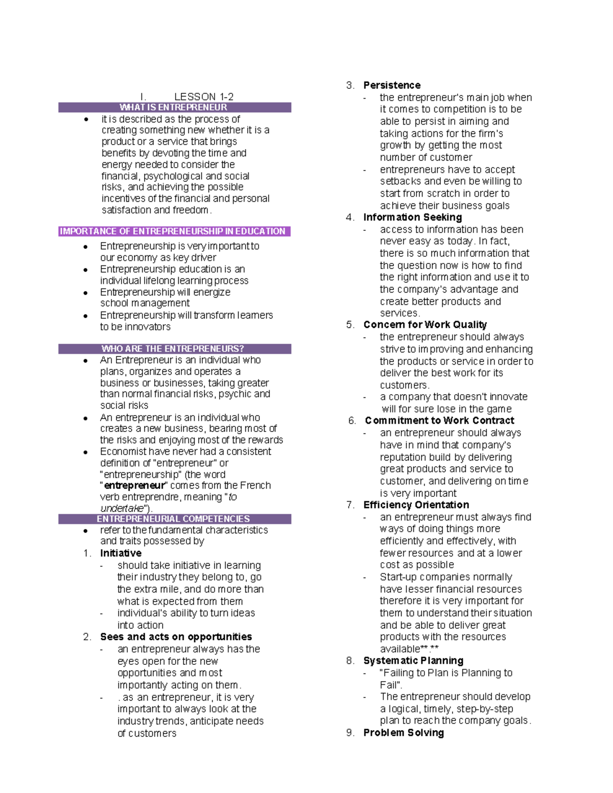 Entrep reviewer - I. LESSON 1- WHAT IS ENTREPRENEUR it is described as ...