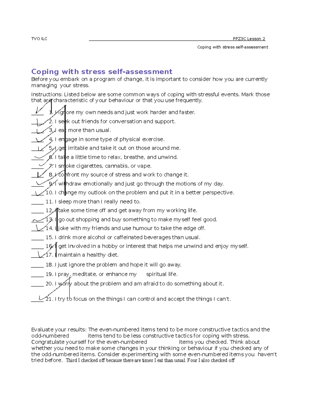 Coping with Stress Self-Assessment - TVO ILC PPZ3C Lesson 2 Coping with ...