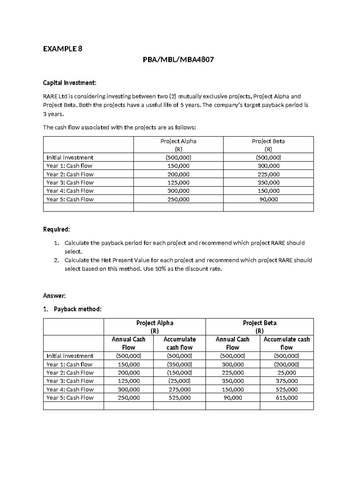Example 8 Captial investment - EXAMPLE 8 PBA/MBL/MBA Capital investment ...