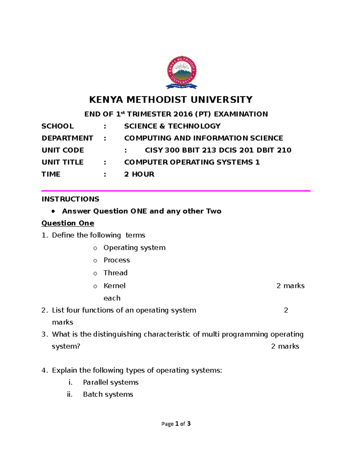 Computer Operating Systems (CISY 300-BBIT 213-DCIS 201-DBIT 210) 1st ...