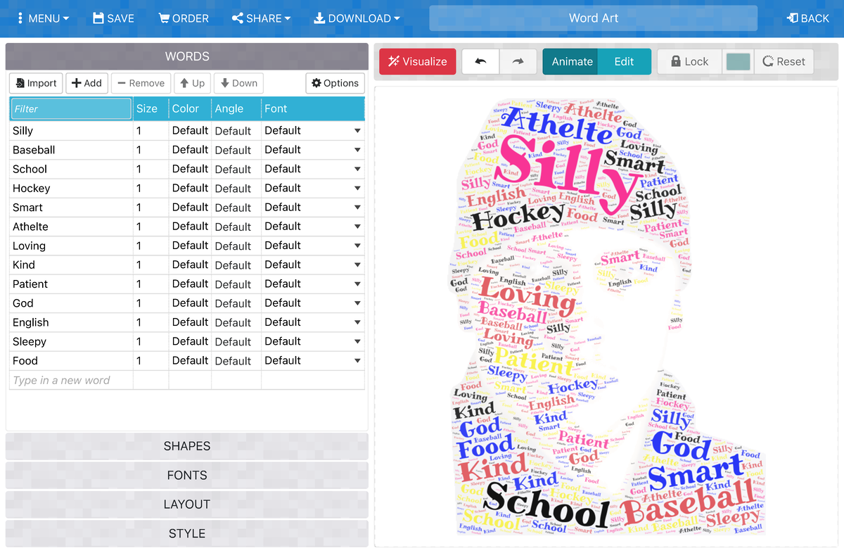 Word Art - Edit - Word Art - WORDS SHAPES Add image Add text FONTSAdd ...