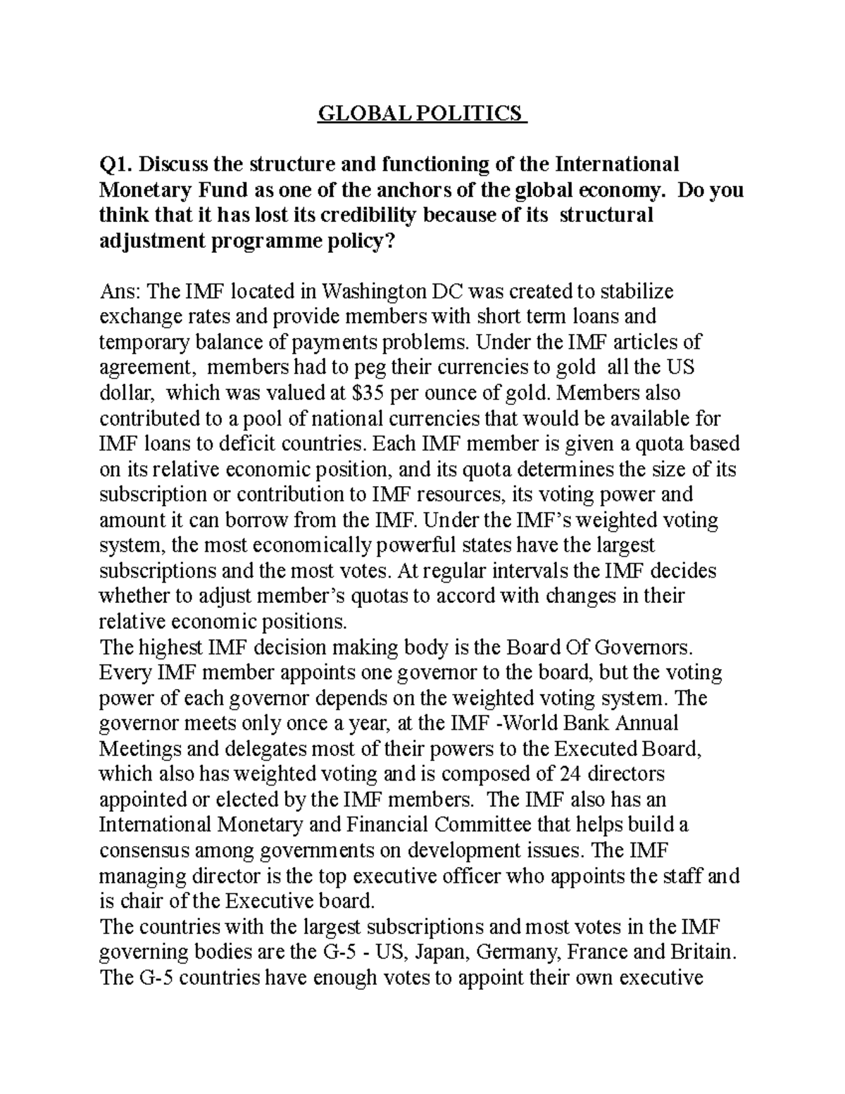 International Monetary Fund - GLOBAL POLITICS Q1. Discuss the structure ...