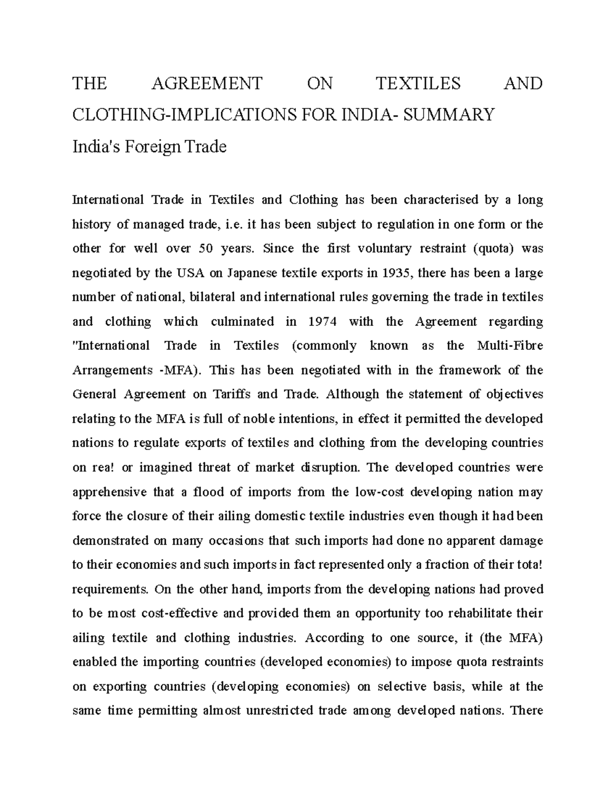 THE Agreementon Textiles AND Clothing- Implications FOR India- Summary ...