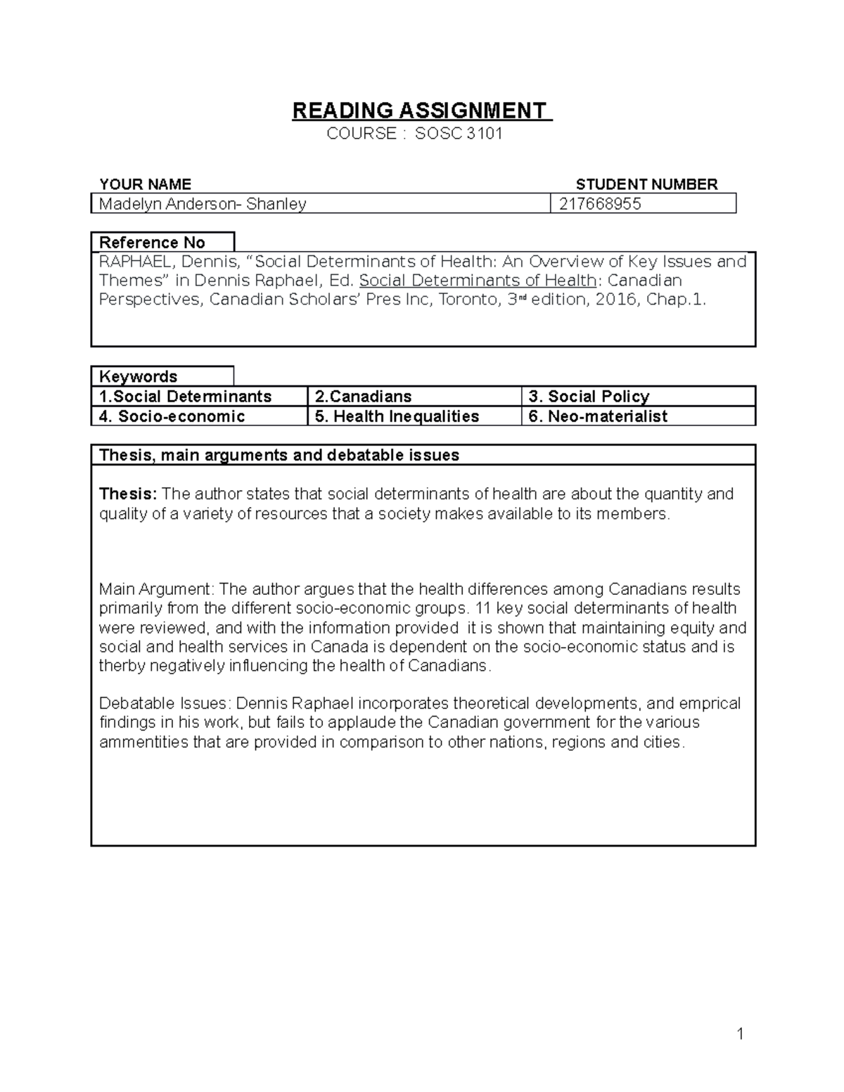 SOSC.3101 Reading Assignment 1 - READING ASSIGNMENT COURSE : SOSC 3101 YOUR NAME STUDENT NUMBER ...