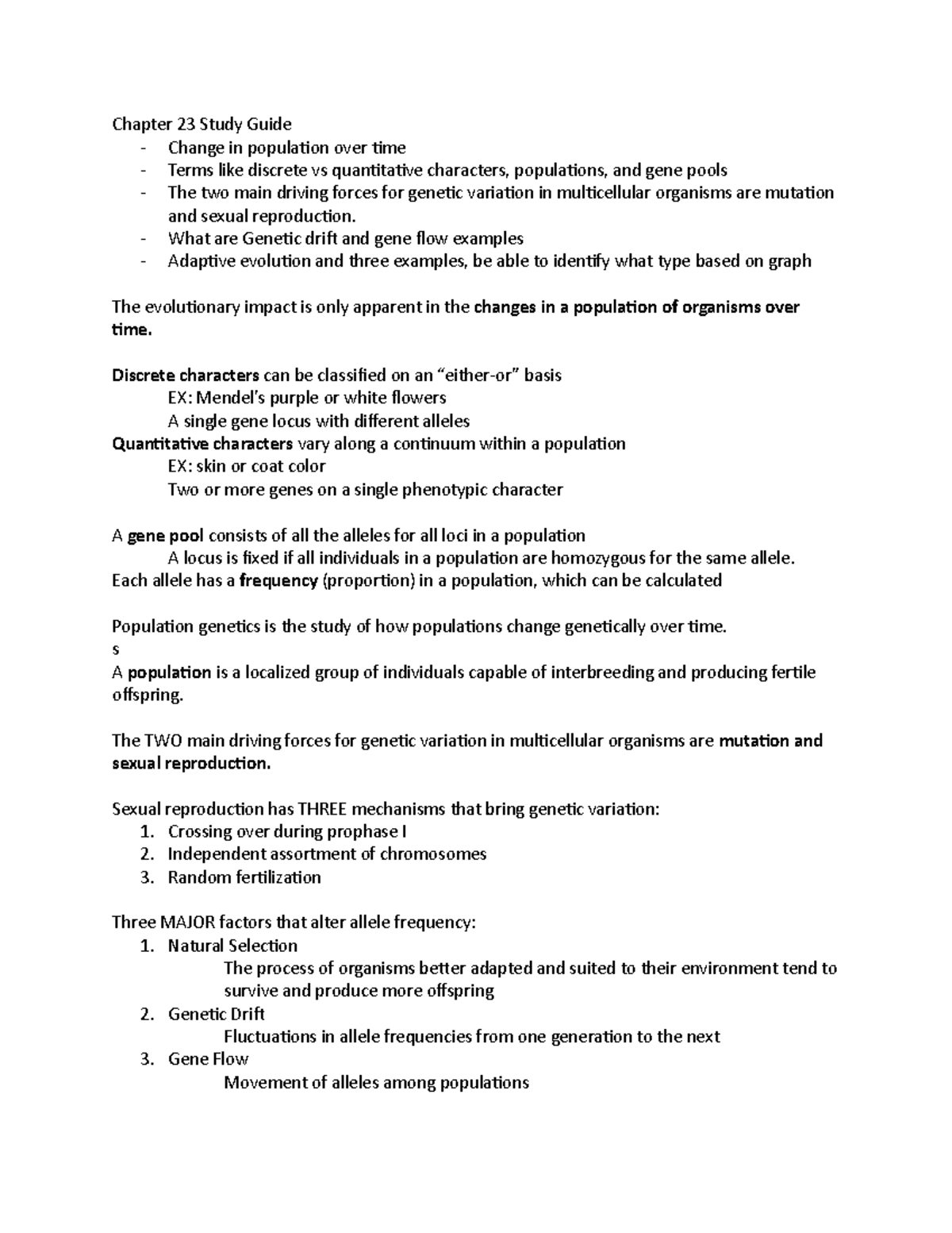Chapter 23 Study Guide - Chapter 23 Study Guide - Change in population ...