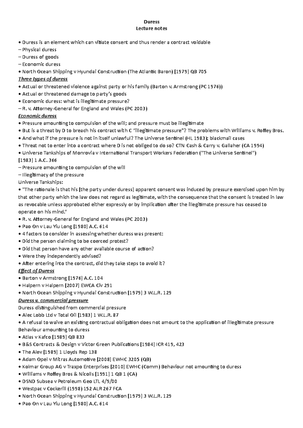 Duress lecture notes - Duress Lecture notes Duress is an element which ...