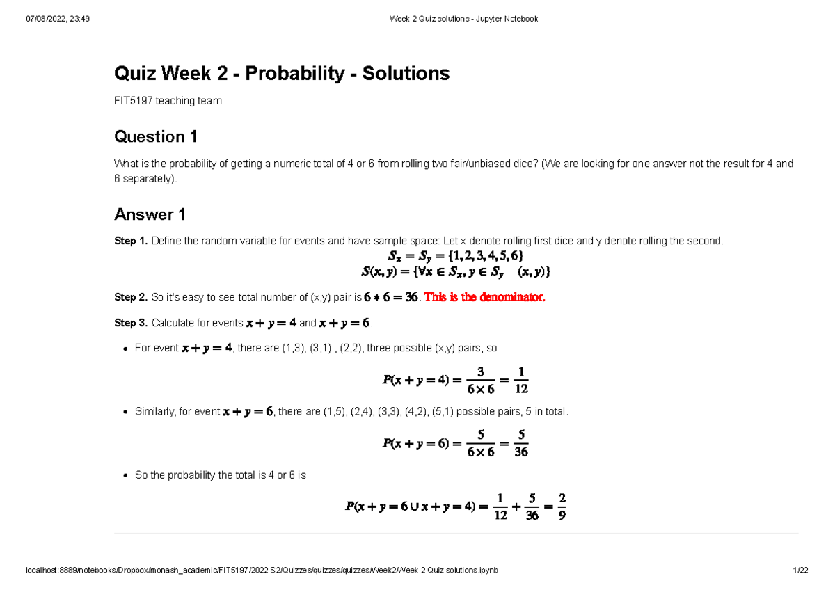 Week 2 Quiz solutions - Quiz Week 2 - Probability - Solutions FIT5197 teaching team Question 1 ...