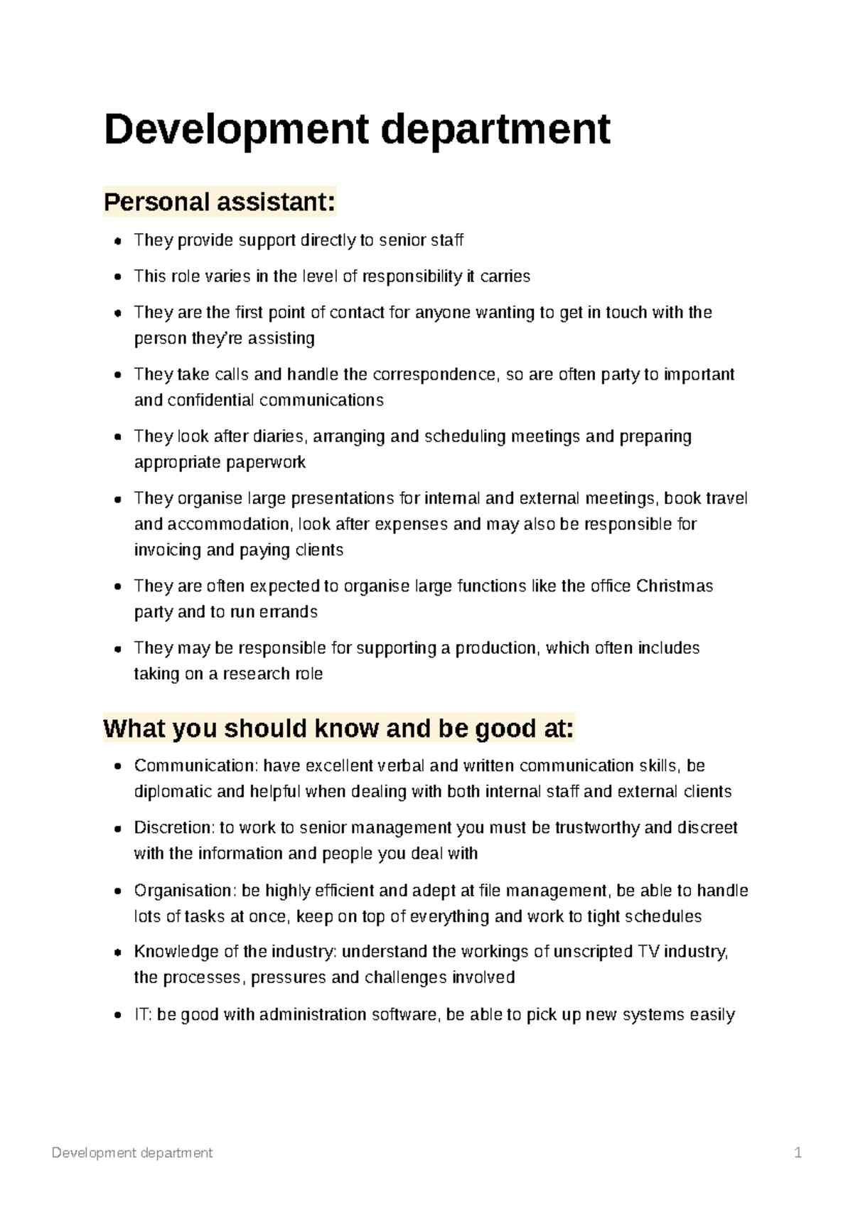 Personal assistant - Development department 1 Development department ...