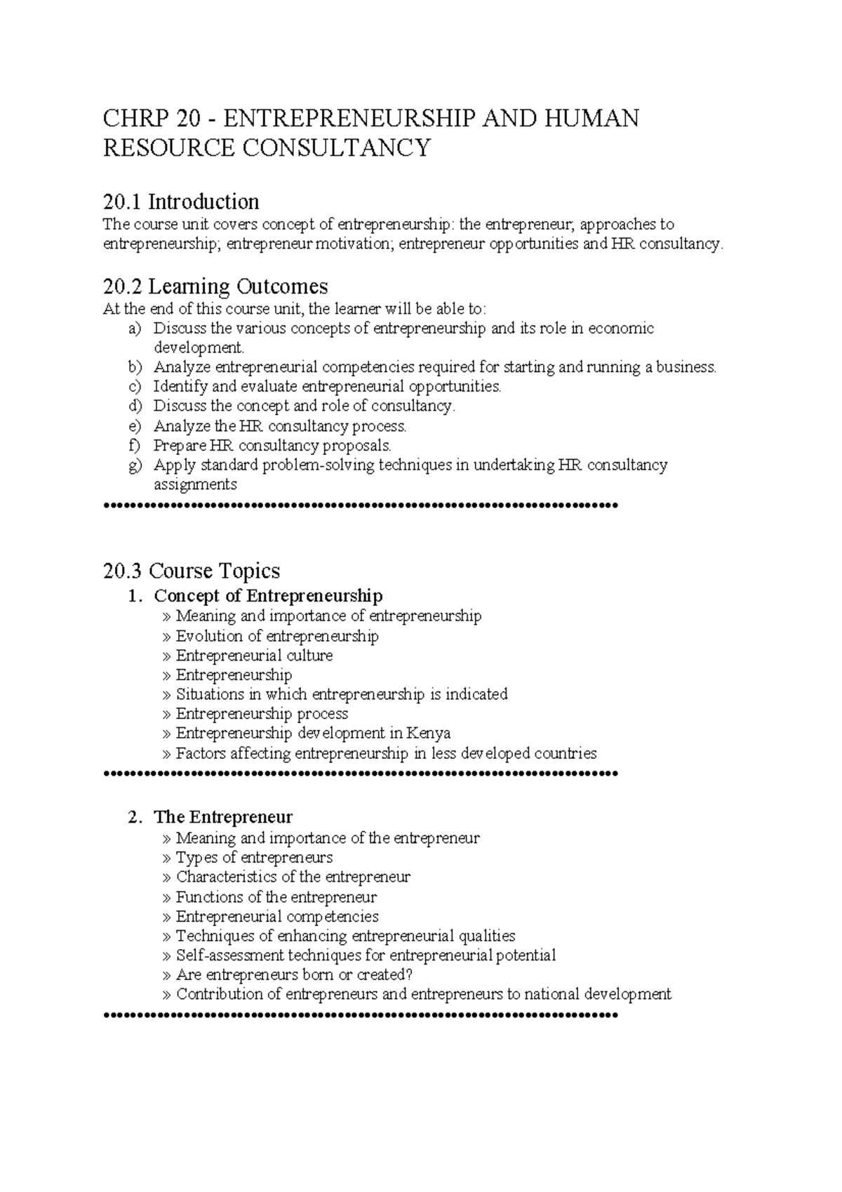 Entrepreneurship-Course Content - CHRP 20 - ENTREPRENEURSHIP AND HUMAN ...