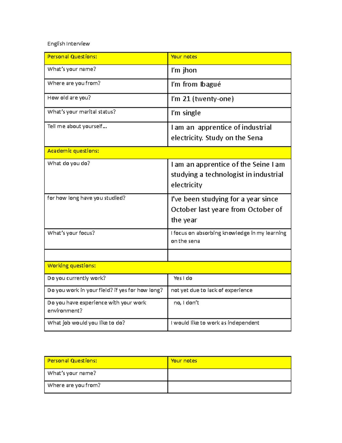 English Interview - APUNTES - English Interview Personal Questions ...