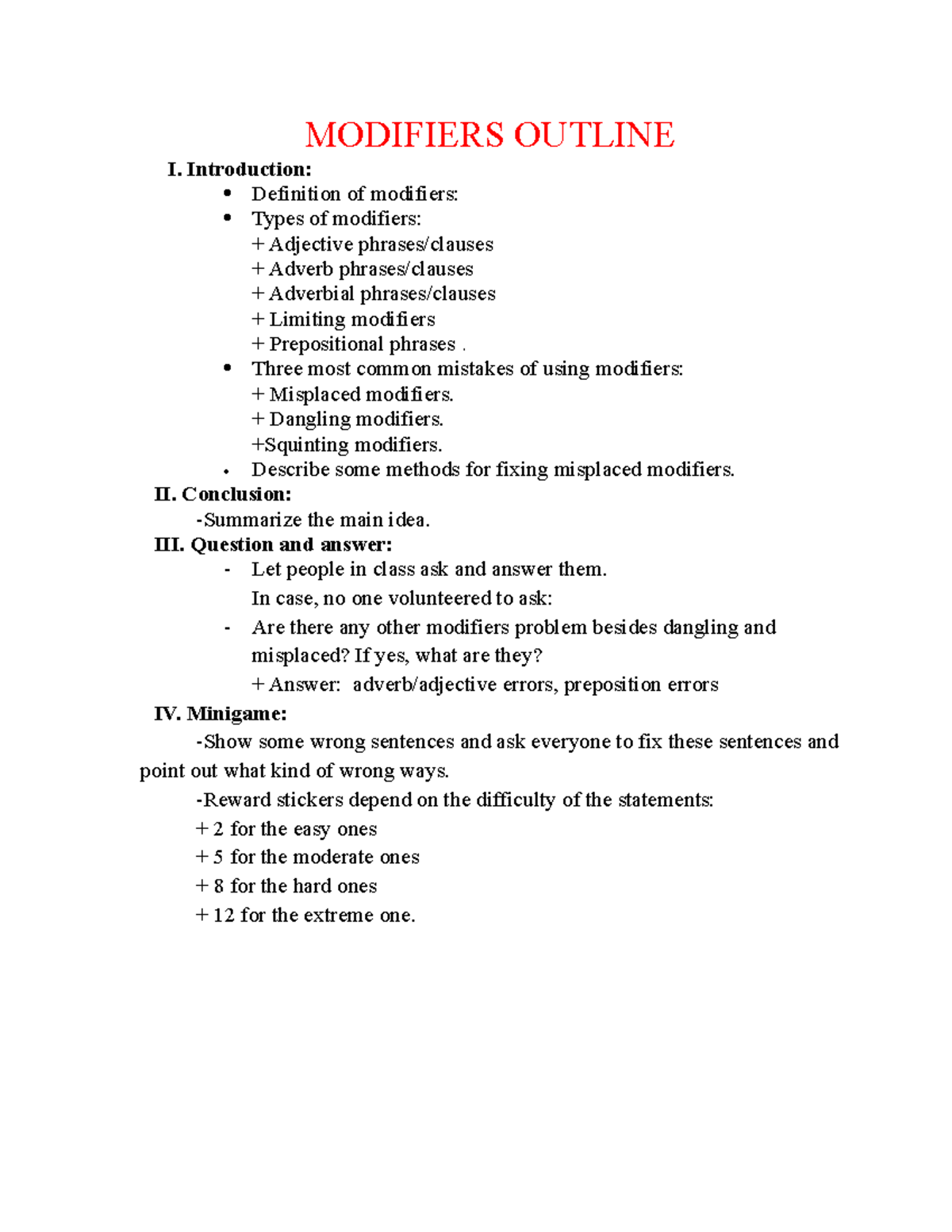 Modifiers Outline - Rather cool - MODIFIERS OUTLINE I. Introduction ...