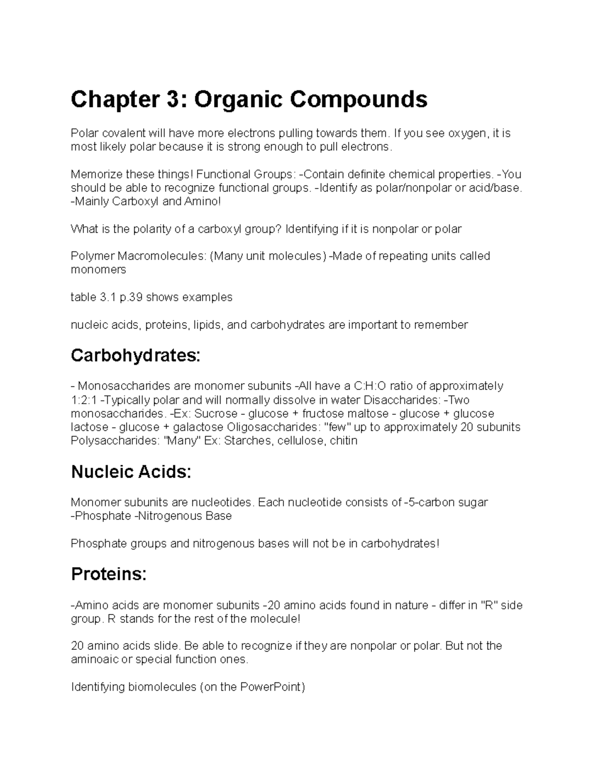 Chapter 3 Biology - Chapter 3: Organic Compounds Polar covalent will ...