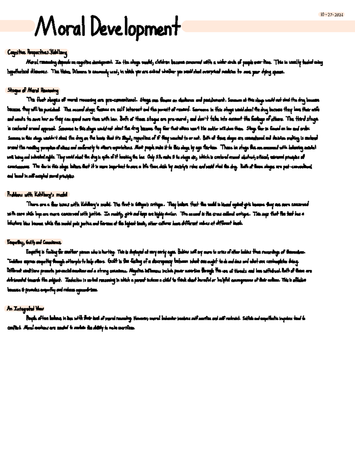 Moral Development - Handwritten Notes - 1 Development ""•. Mora ...