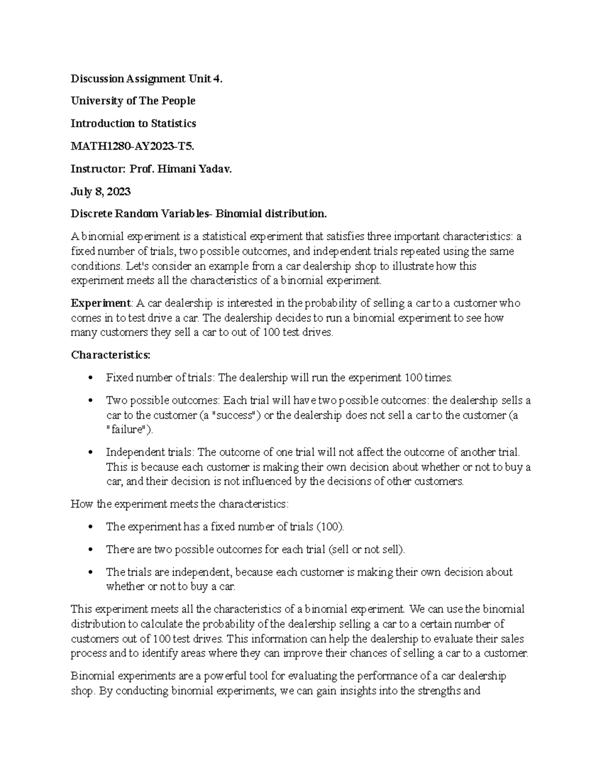 Discussion Assignment Unit 4 - University of The People Introduction to Statistics - Studocu