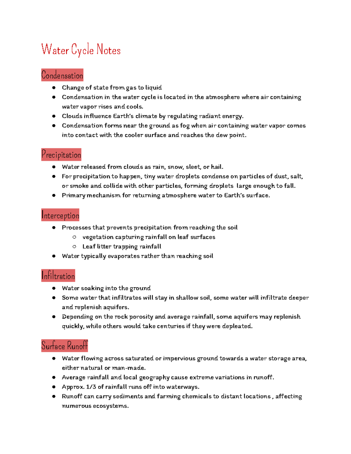 Water Cycle Notes - Water Cycle Notes Condensation Cha f at m a t ud ...