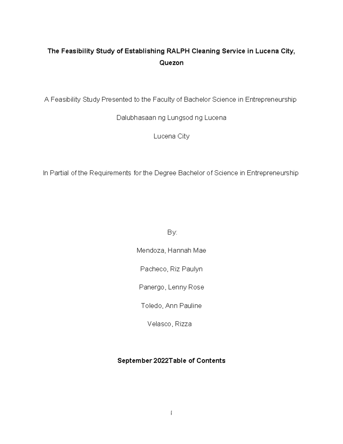 FEasib. TAble of contents - The Feasibility Study of Establishing RALPH ...