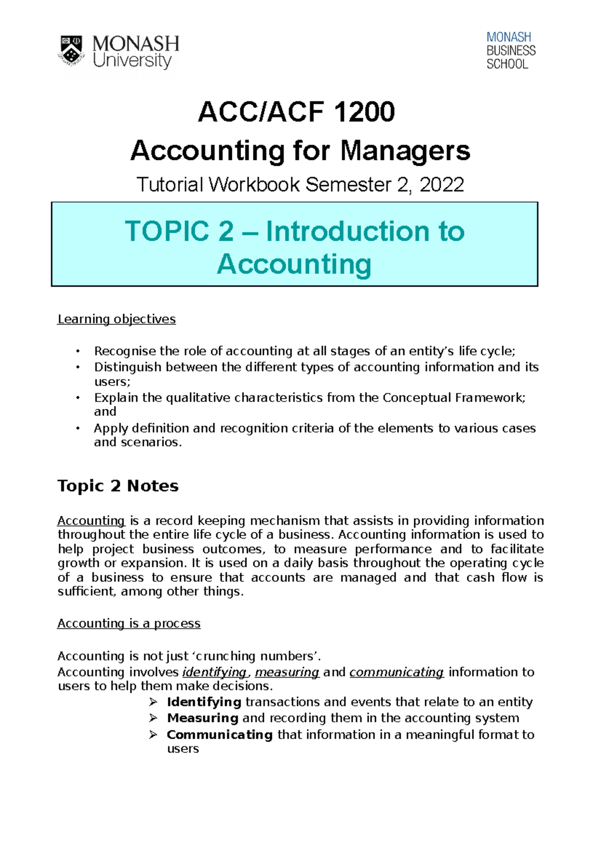 ACC ACF1200 Workbook Topic 2 - ACC/ACF 1200 Accounting for Managers ...