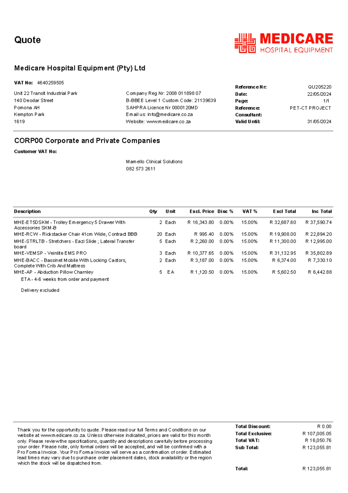 Medicare - Quote Medicare Hospital Equipment (Pty) Ltd VAT No ...