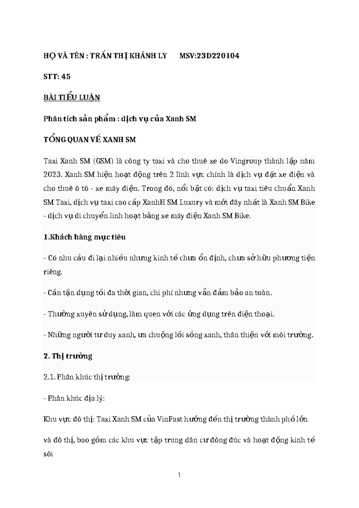 Trần Thị Khánh Ly- 23D22010 4- Mar - H Ọ VÀ TÊN : TR ẦN TH ỊKHÁNH LY MSV:23D STT: 45 BÀI TI ỂU ...