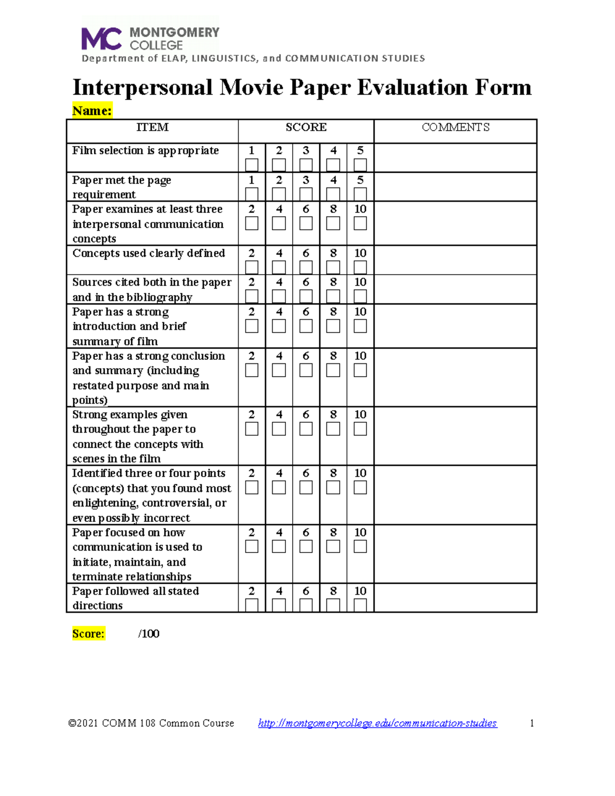 Interpersonal Film Paper Eval Form New - Department of ELAP ...