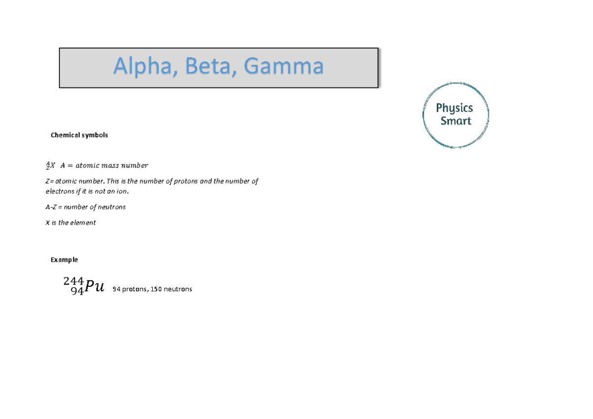 Alpha, Beta, Gamma Radiation Notes - Chemical symbols Example ####### 𝑋 ...