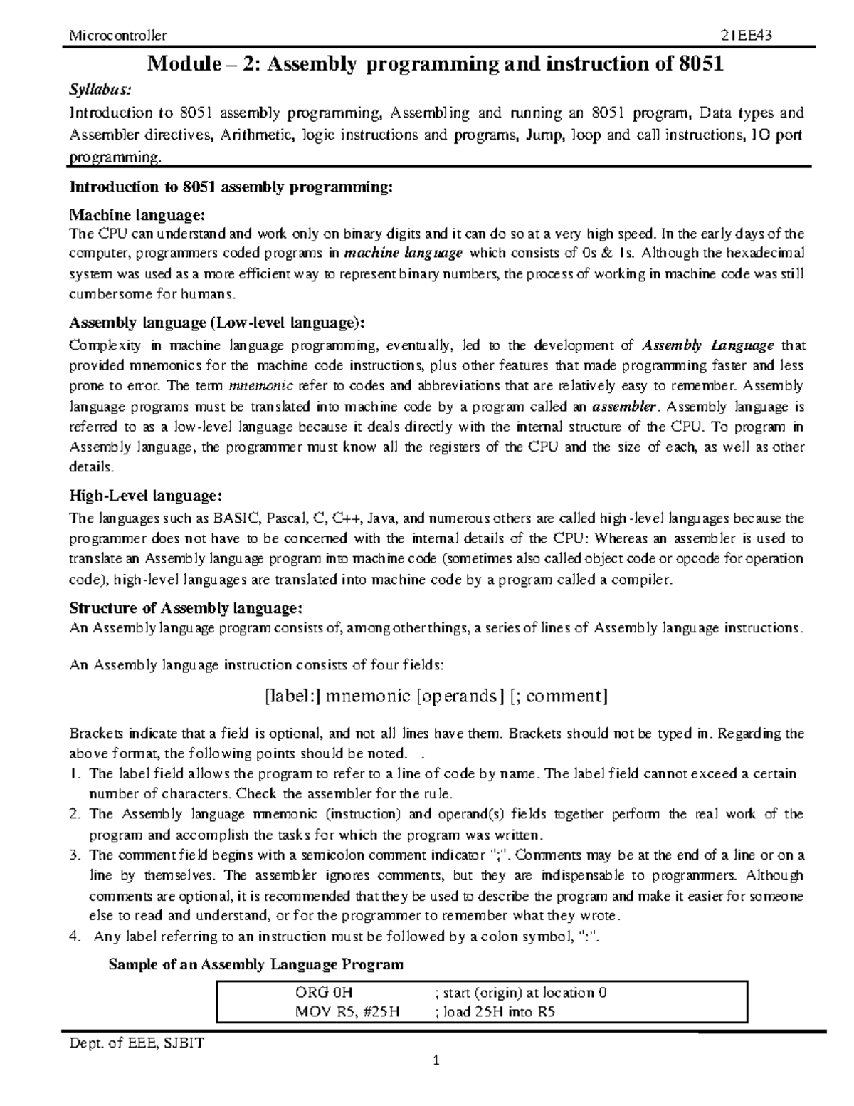 Mc 2 - Dept. of EEE, SJBIT Module – 2: Assembly programming and instruction of 8051 Syllabus ...