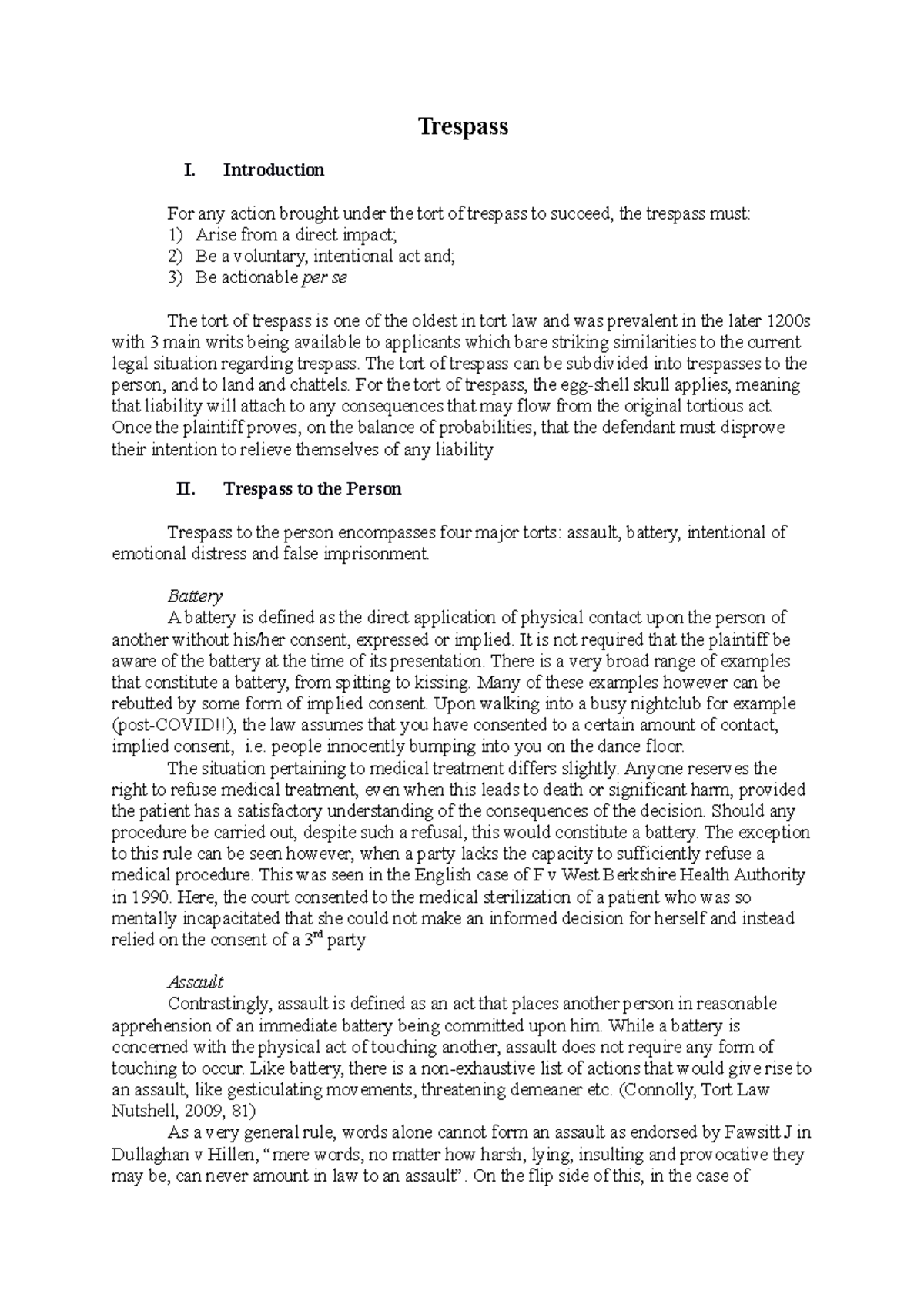 Law of Trespass Summary - Trespass I. Introduction For any action ...