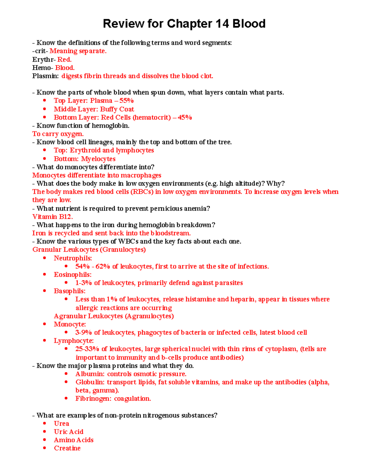 BIO 116 117 118 Exam Review Chapter 14 Blood - Review for Chapter 14 ...