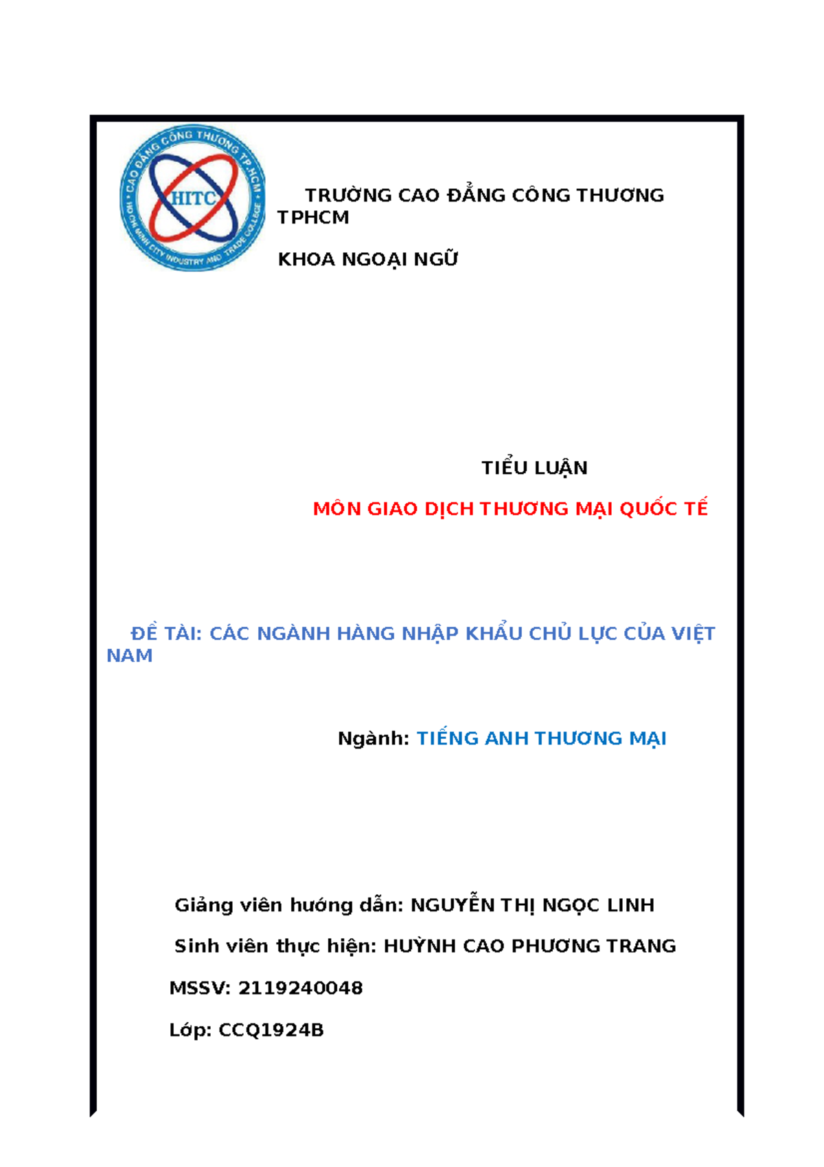 Bài tiểu luận - SFFFF - TRƯỜNG CAO ĐẲNG CÔNG THƯƠNG TPHCM KHOA NGOẠI ...