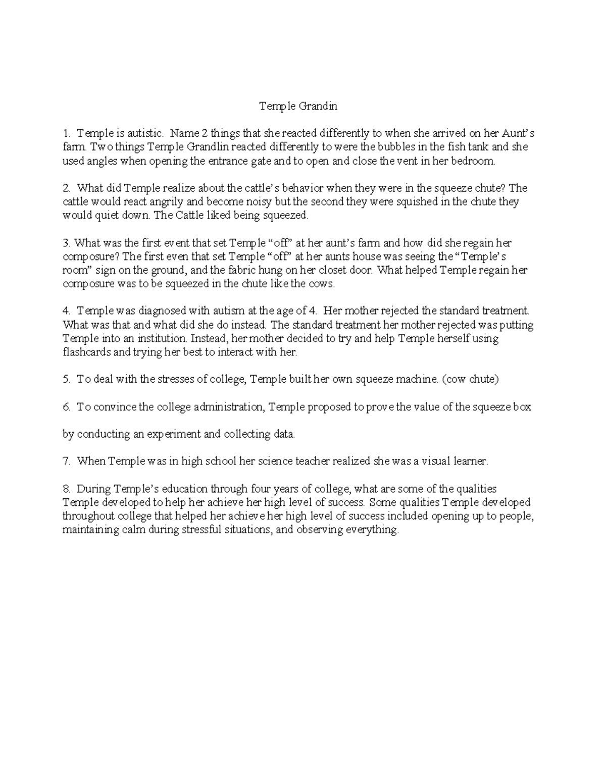 Temple Grandin movie questions - Temple Grandin Temple is autistic ...