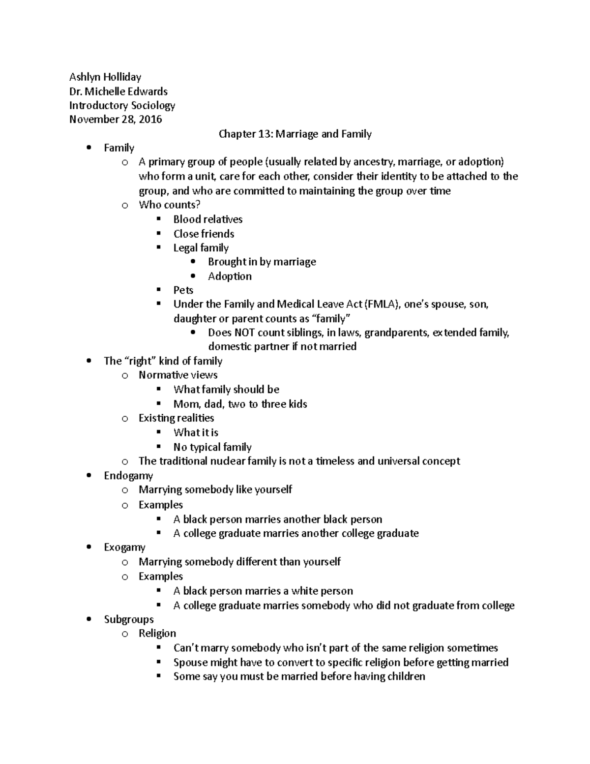 Chapter 13- Marriage and Family - Ashlyn Holliday Dr. Michelle Edwards ...