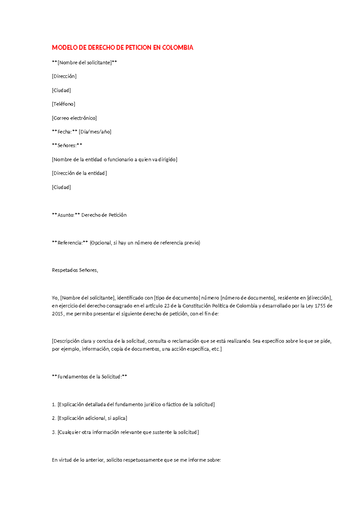 Modelo DE Derecho DE Peticion EN Colombia - MODELO DE DERECHO DE ...