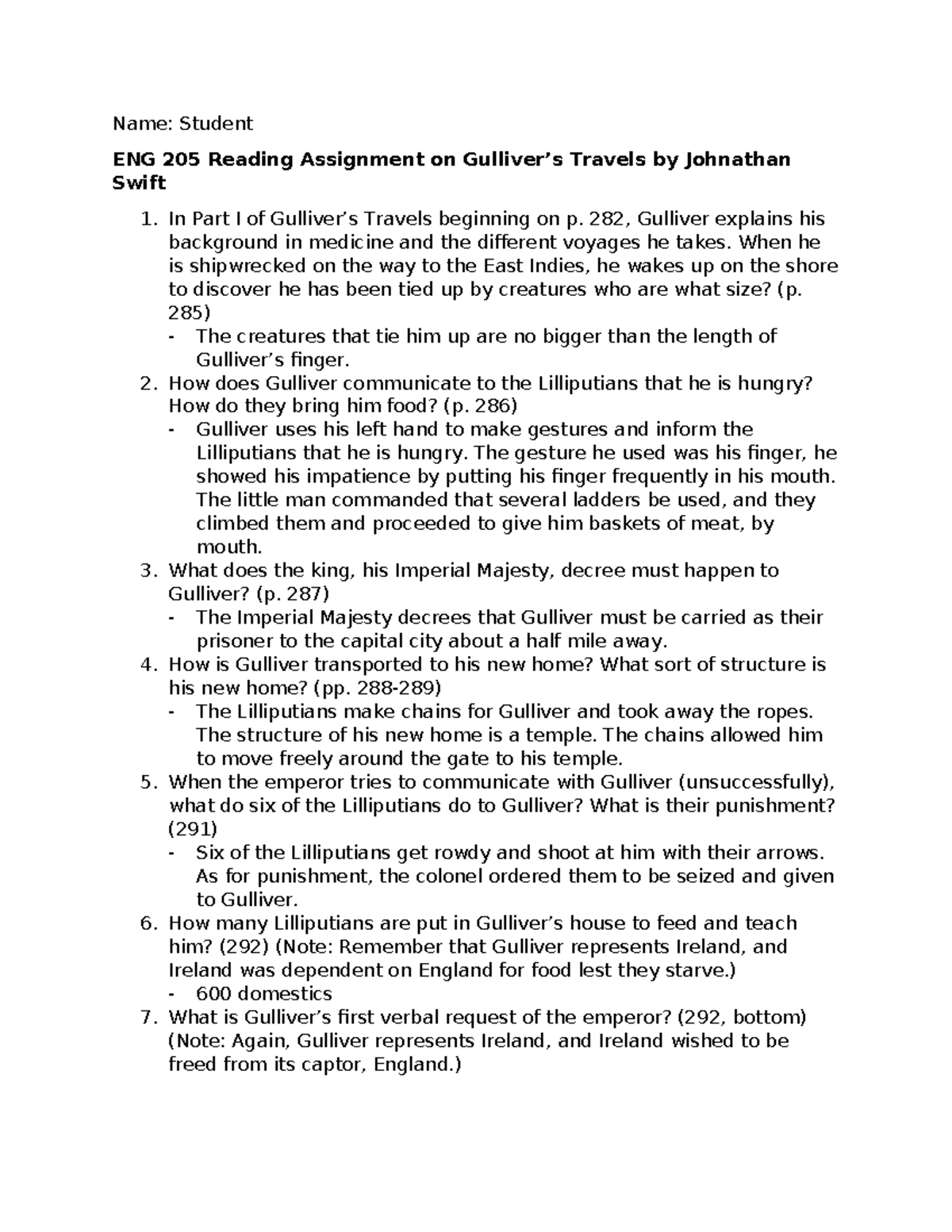 Gullivers Travels Reading Assignment - Name: Student ENG 205 Reading ...