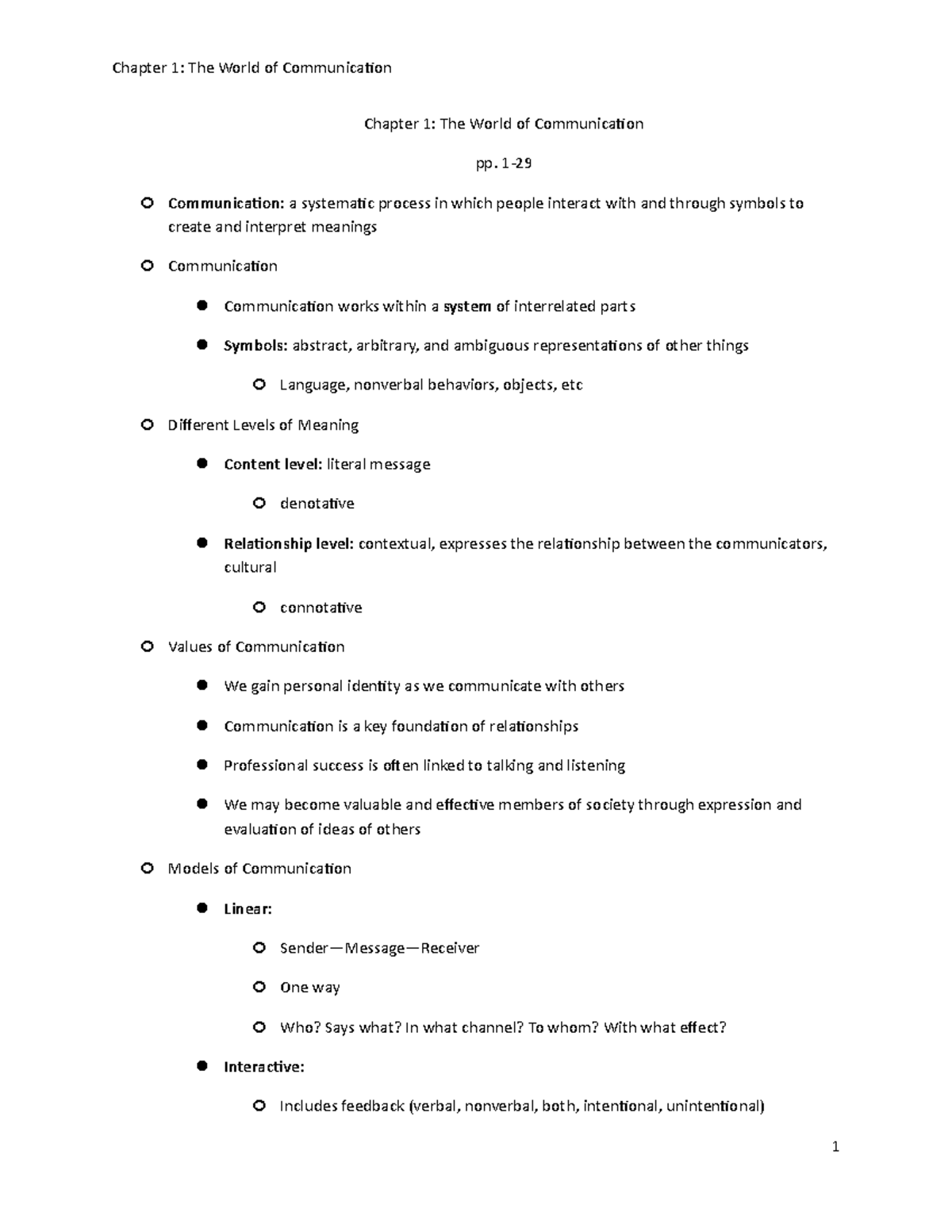 Chapter 1 notes - Chapter 1: The World of Communication Chapter 1: The ...