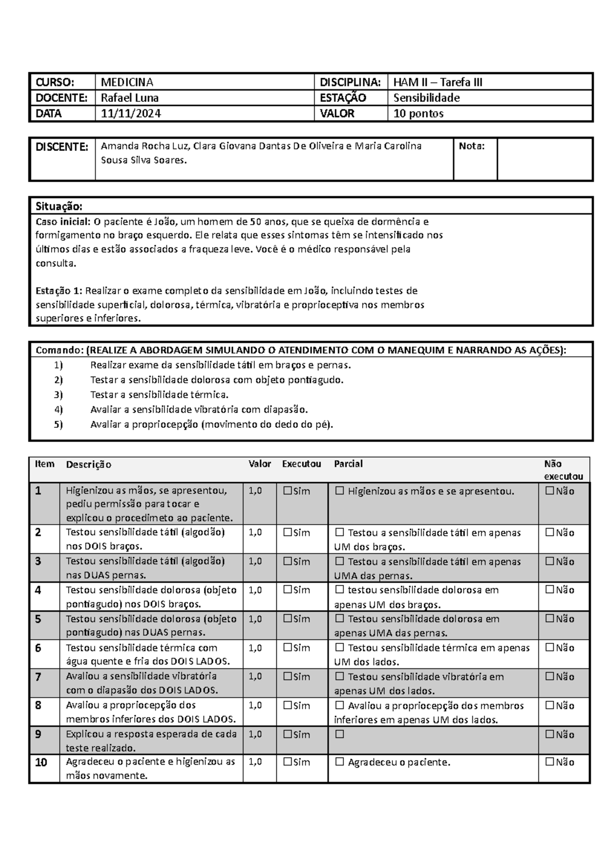 Checklist de HAM - 2 Semestre - CURSO: MEDICINA DISCIPLINA: HAM II ...