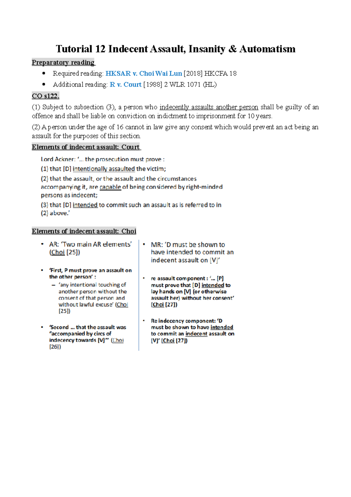 Tutorial 12 Worksheet - Indecent Assault, Insanity & Automatism ...
