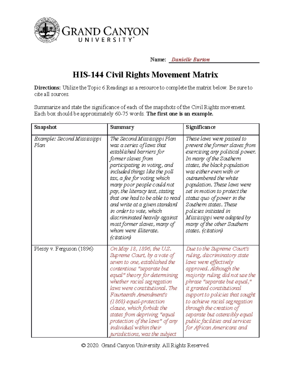 HIS-144-T6 Civil Rights Movement Matrix Online - Name: Danielle Burton ...