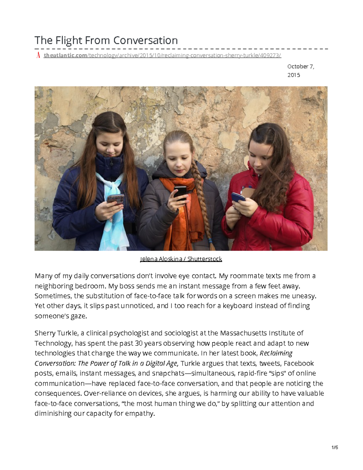 Theatlantic.com-The Flight From Conversation Turkle - October 7, 2015 ...
