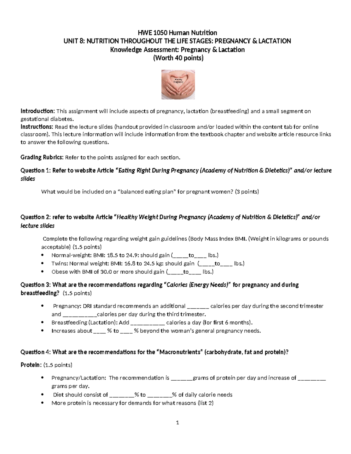 HWE 1050 Student Online Knowledge Pregnancy & Breastfeeding Spring 2023 ...