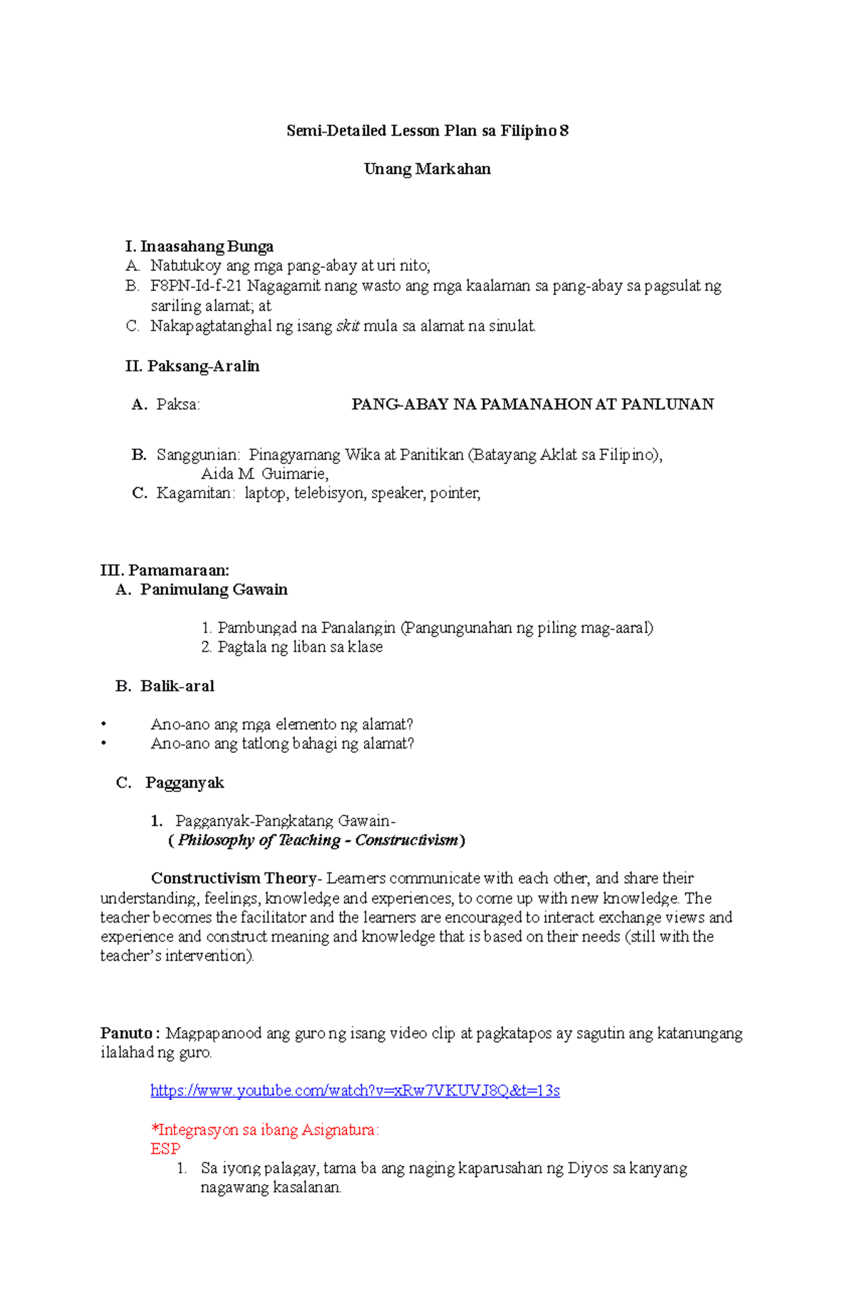Banghay aralin - Semi-Detailed Lesson Plan sa Filipino 8 Unang Markahan ...