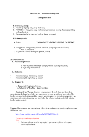 Lesson-Plan FIL - LECTURE NOTES - Quarter 1 Week 5- Sabjek: Filipino ...