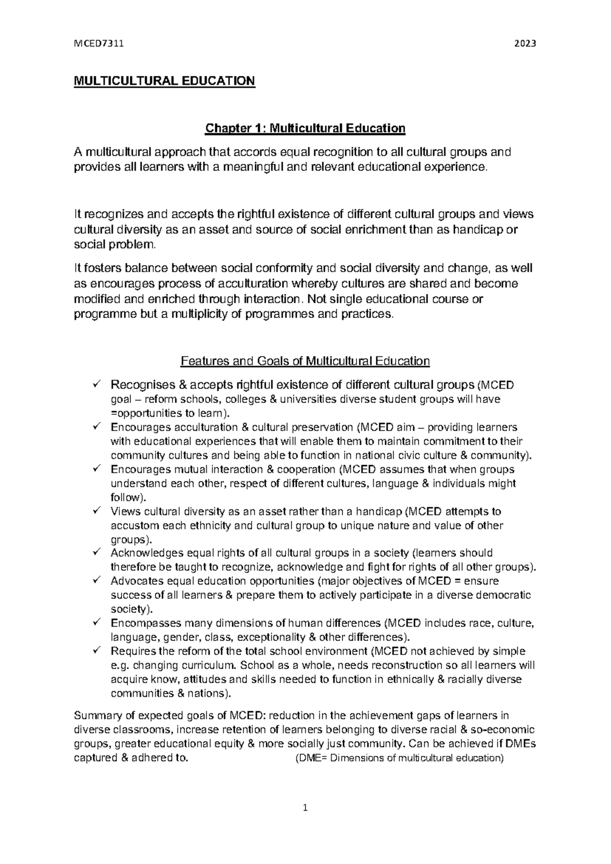 Study Notes - 2024 - Summary Multicultural Education - MULTICULTURAL ...
