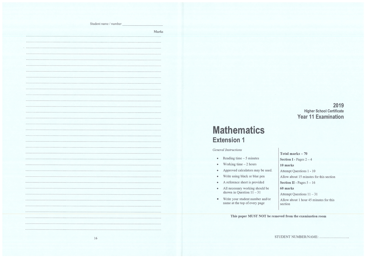 2019-Indpt Exam paper - Student name number Marks 2019 Higher School ...